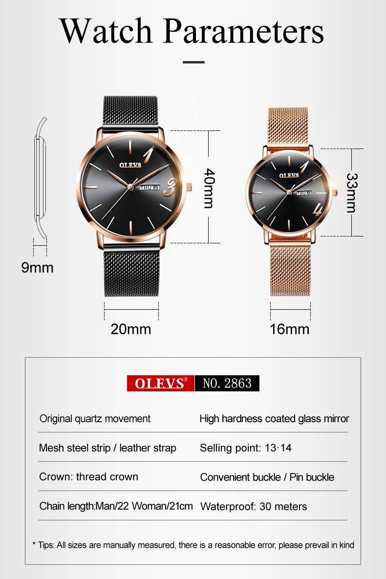 Olevs Couple Watch 2863 - 40-33mm, Quartz Watch, 4 Colors | Olevsstore.com