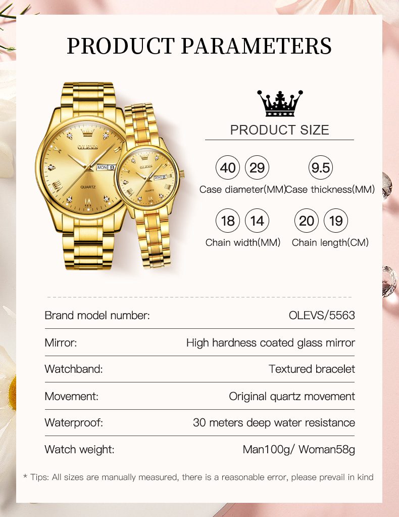 Olevs Couple Watch 5563 - 40-29mm, Quartz Watch, 8 Colors | Olevsstore.com